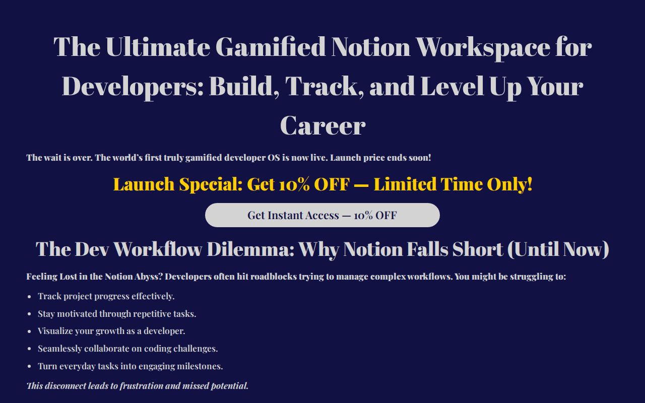 Ultimate Gamified Notion Dev Hub Waitlist - Level Up Your Workflow